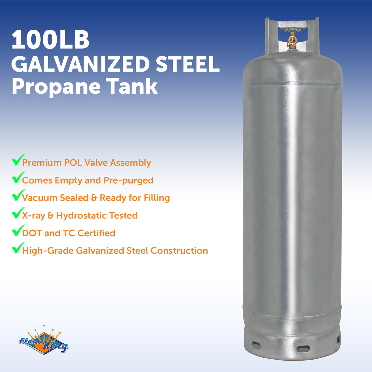Flame King 100lb Galvanized Propane Tank LP Cylinder with POL Valve