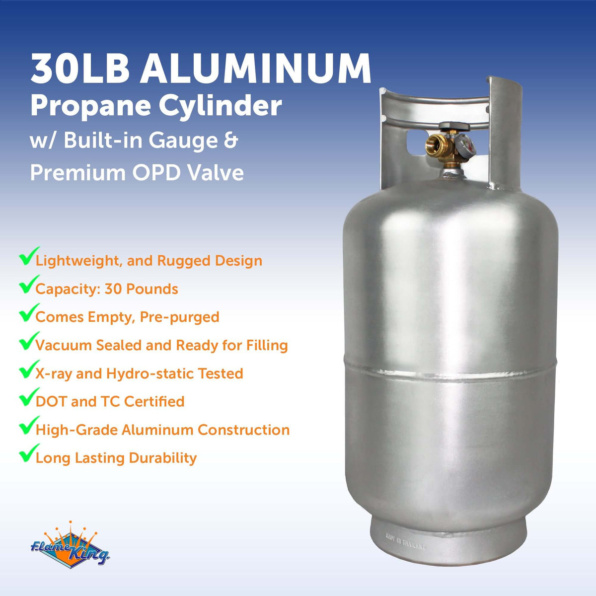 Flame King Lightweight 30lb Aluminum Propane Tank Cylinder Gauge and O